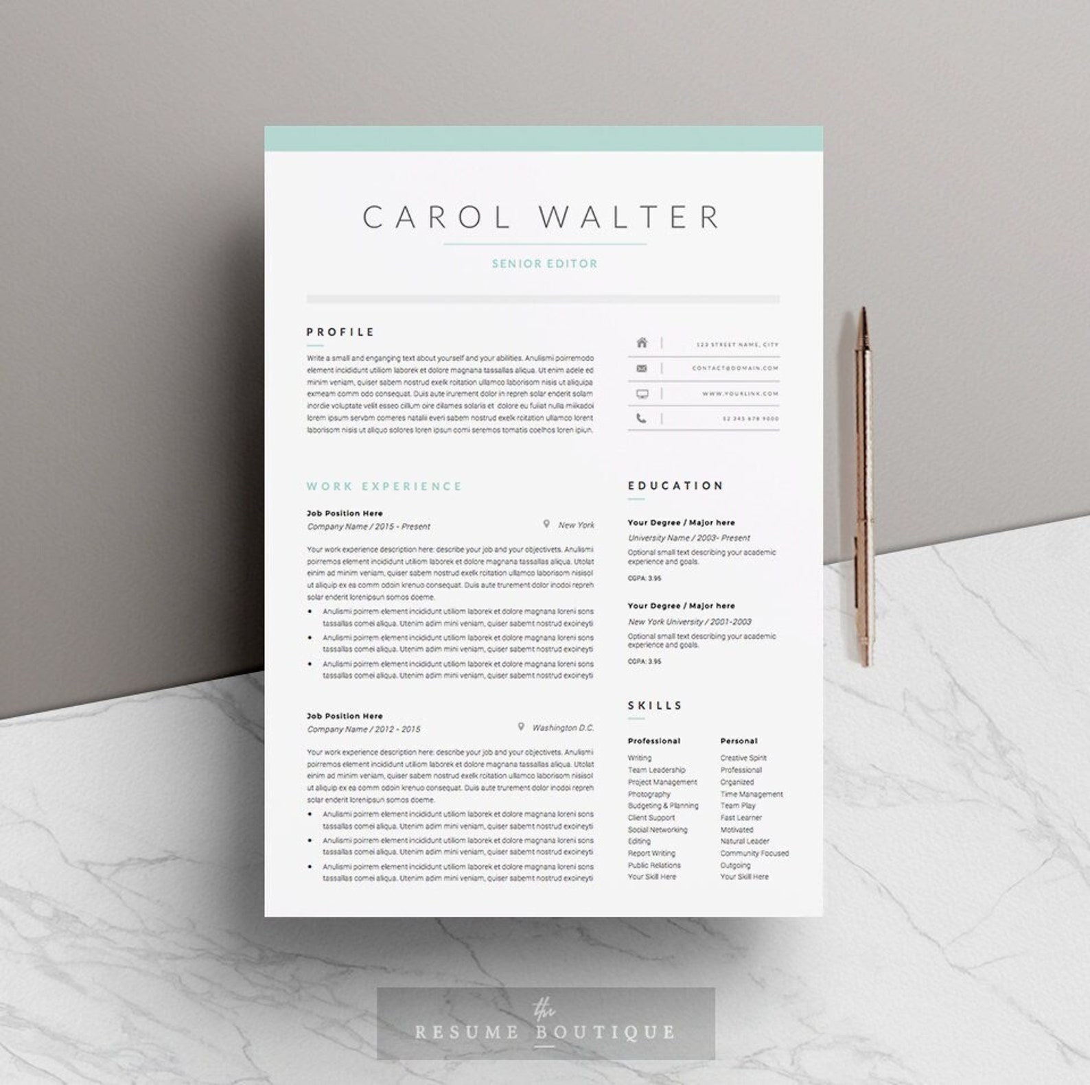 5 Page Resume Template and Cover Letter + References Template for Word | DIY Printable | the ...