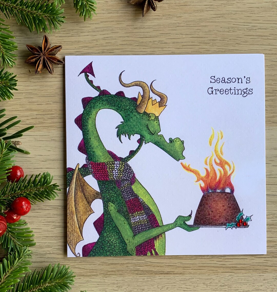 Handfinished Cute Dragon Christmas Card - Etsy