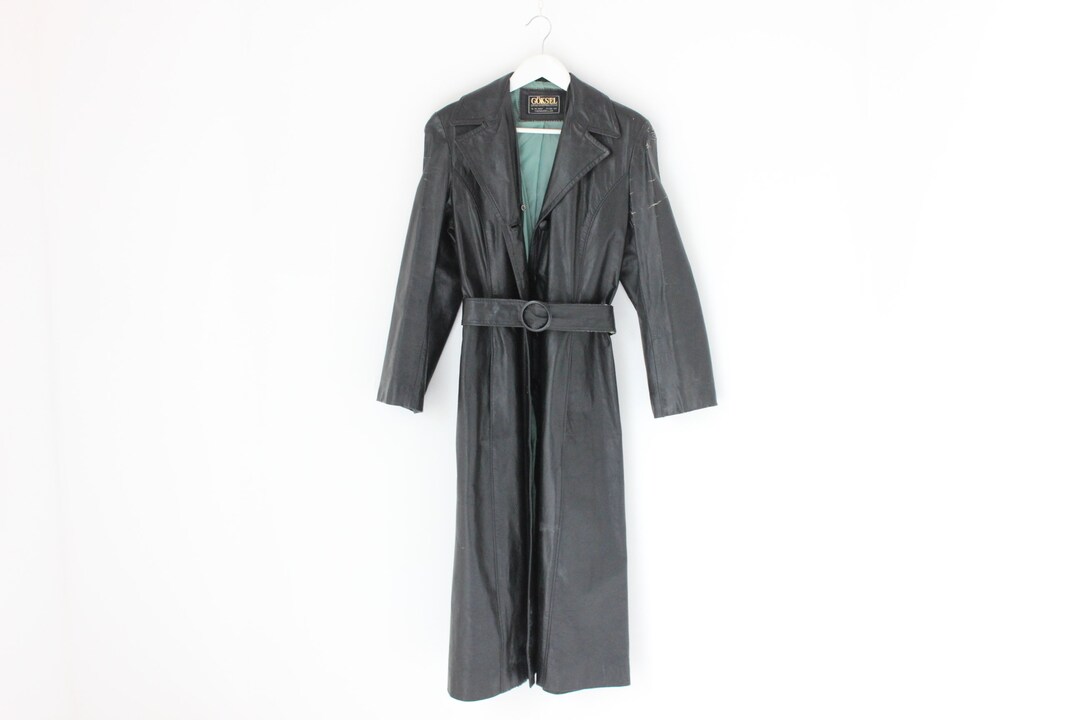 70s Weathered Leather Black Grunge Vintage Button up Trench Coat Jacket ...