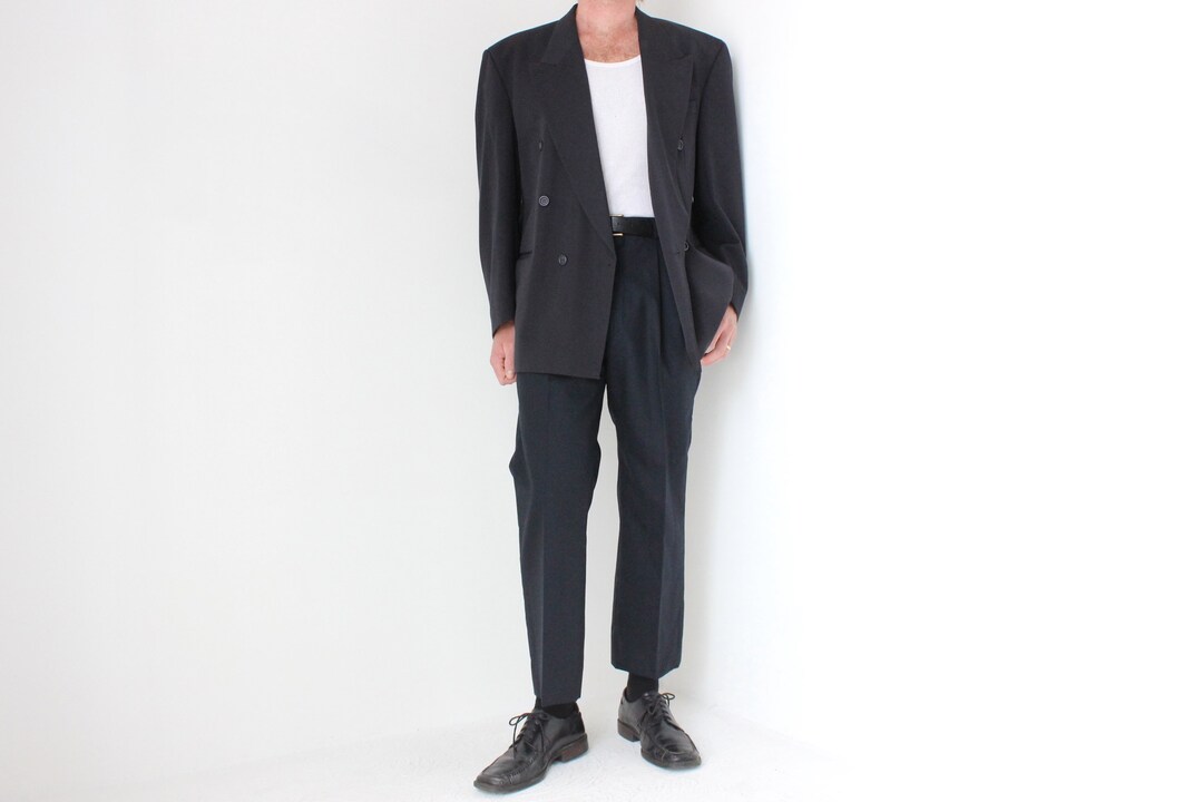 80s Vintage PURE WOOL Midnight Blue Relaxed Boxy Tailored Double ...