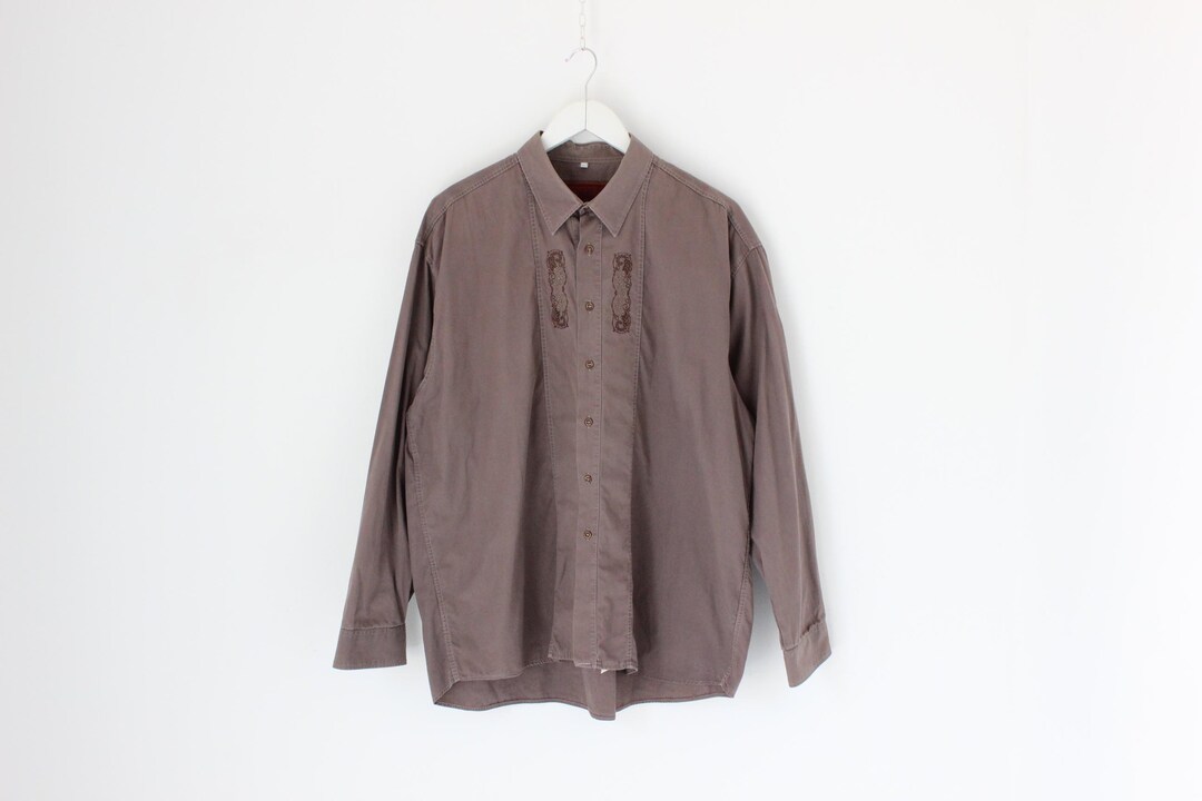90s Italian Vintage Embroidered Mauve Cotton Mens Long Sleeve Button up ...