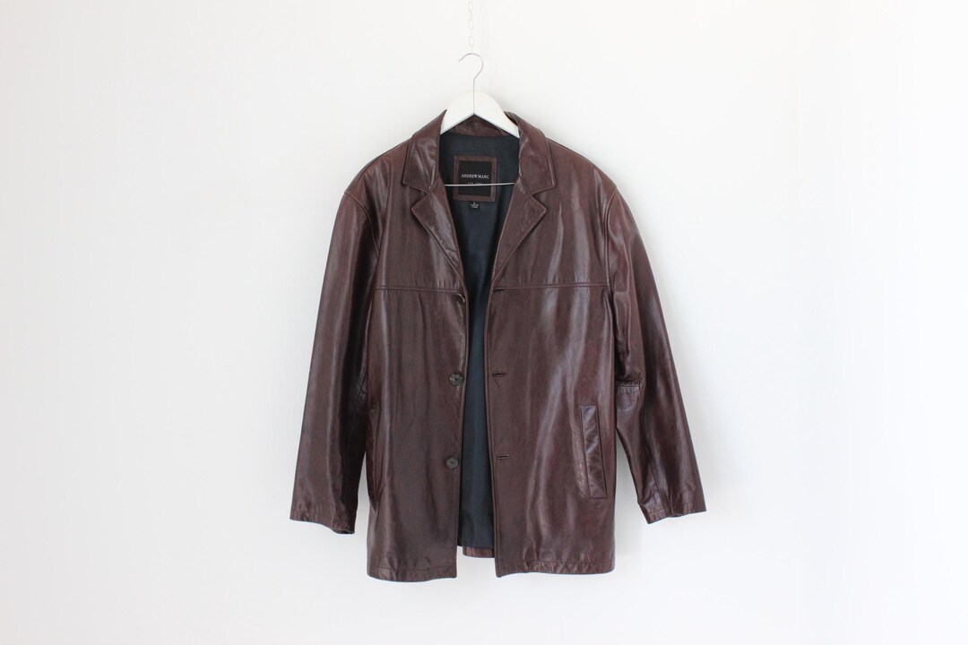 90s Andrew Marc New York Burgundy Brown Patent Leather Button Front ...