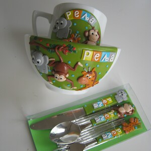 3 Piece Wild Animals Dinnerware Set Baby Dishes Bowl Cup Forks | Etsy