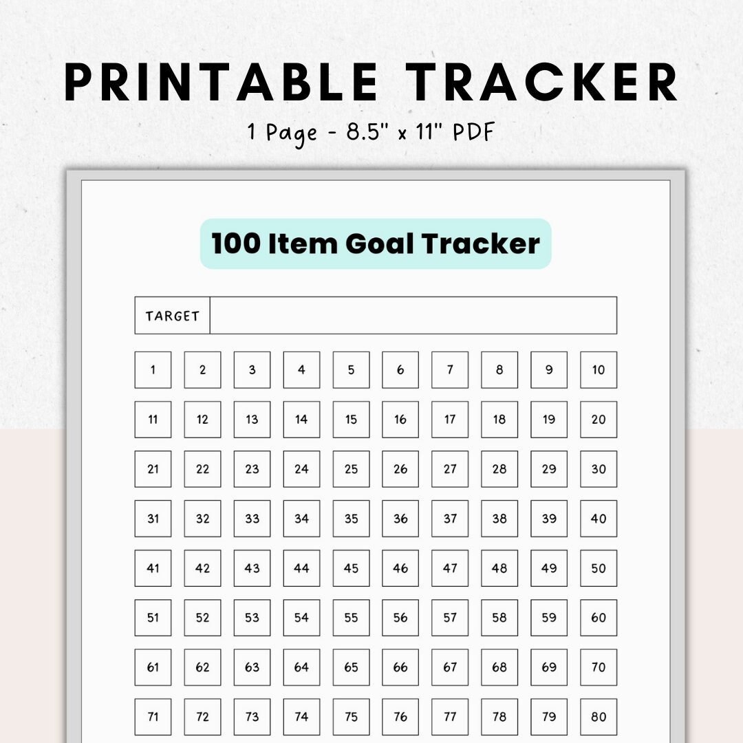 100 Item Goal Tracker Printable PDF // 100 Day Challenge, 100 Habit ...