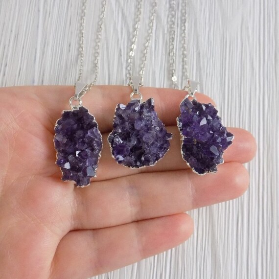 Small Amethyst Necklace Silver Raw Purple Druzy Pendant - Etsy