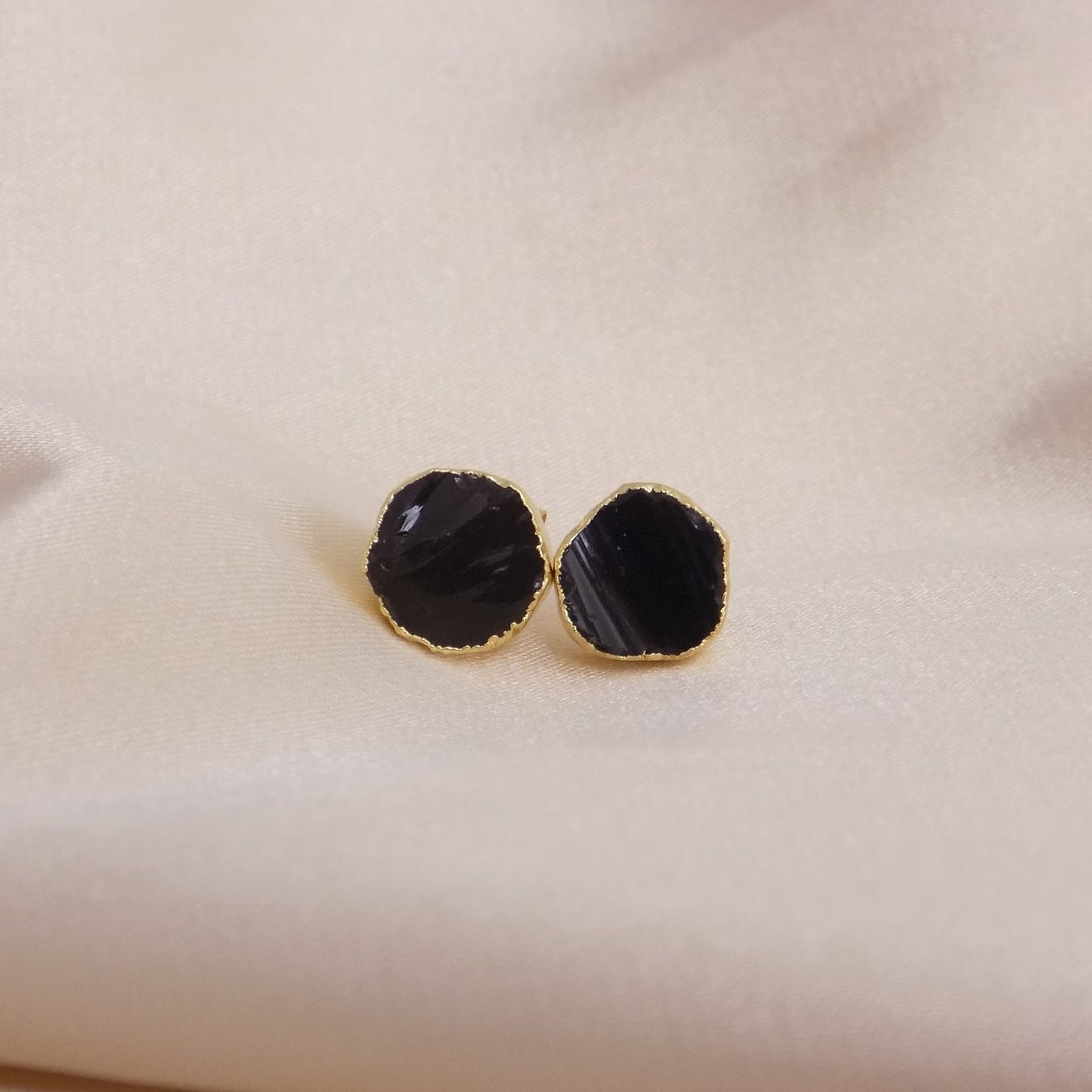Raw Black Obsidian Stud Earrings, Rough Crystal Earrings Gold, Boho ...