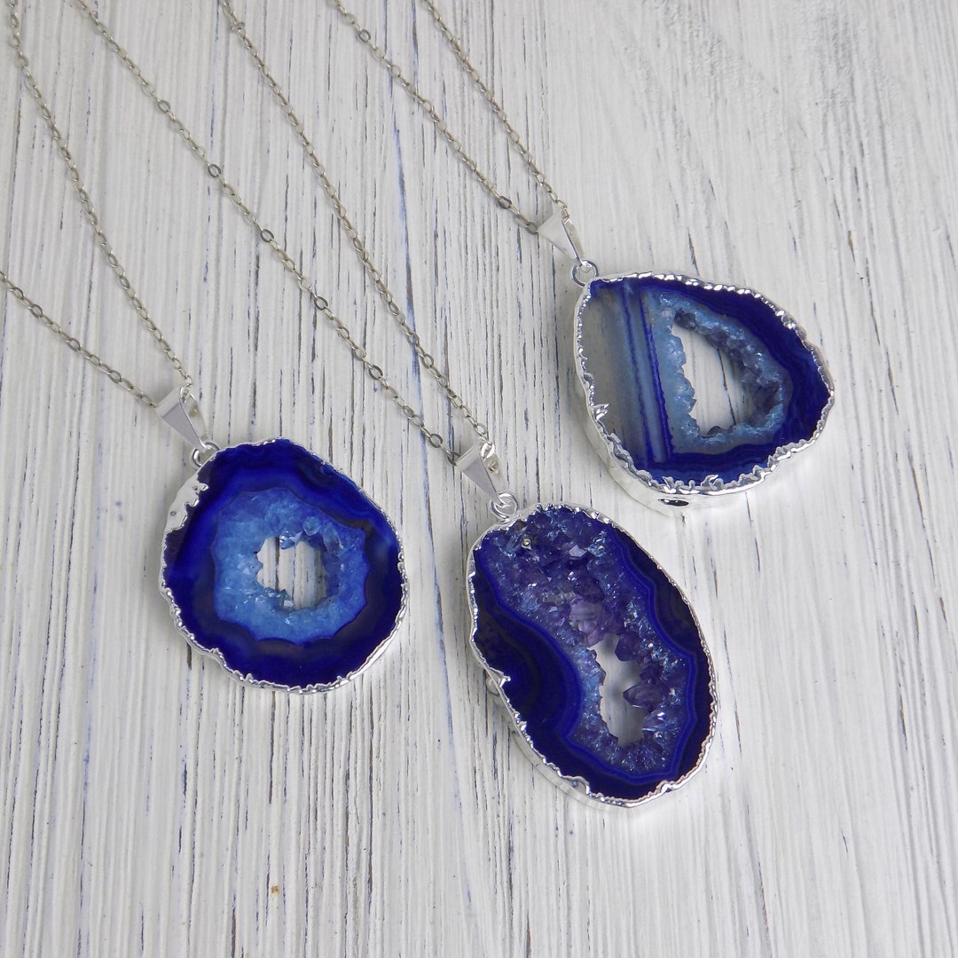 Small Geode Necklace Silver, Blue Raw Stone Necklace, Druzy Necklace ...