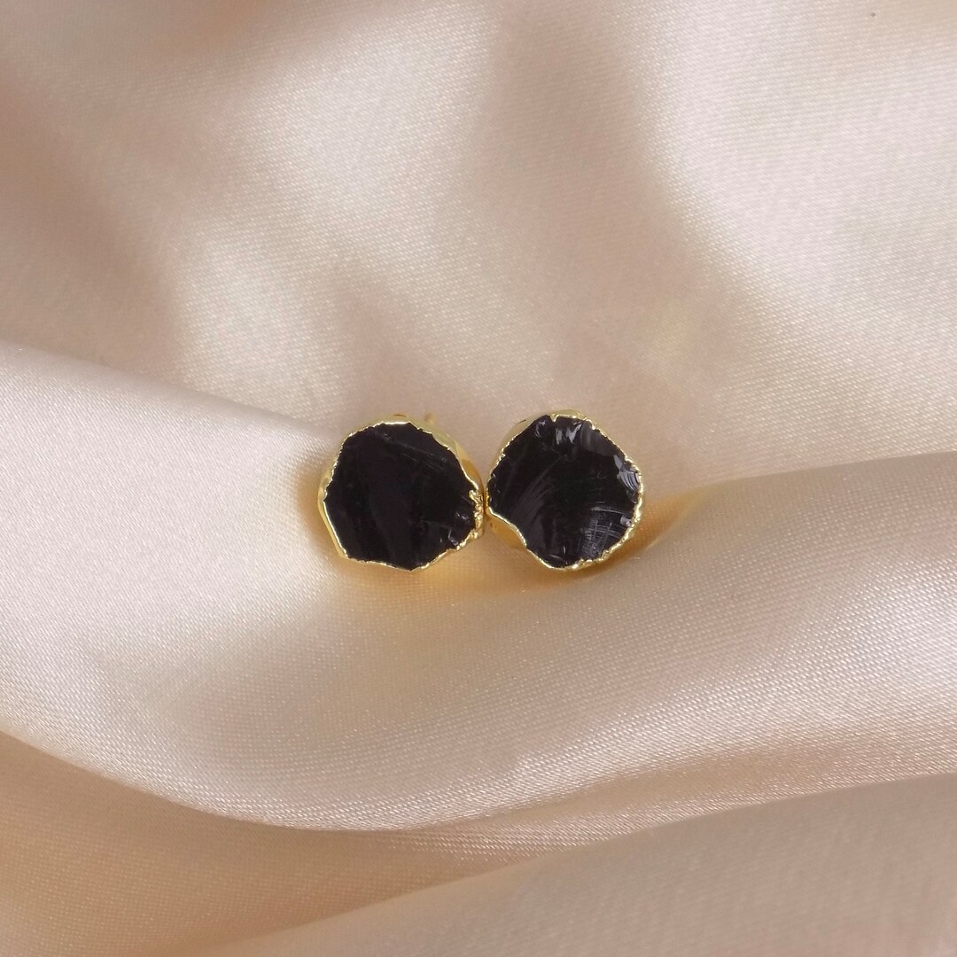 Raw Black Obsidian Stud Earrings, Rough Crystal Earrings Gold, Boho ...
