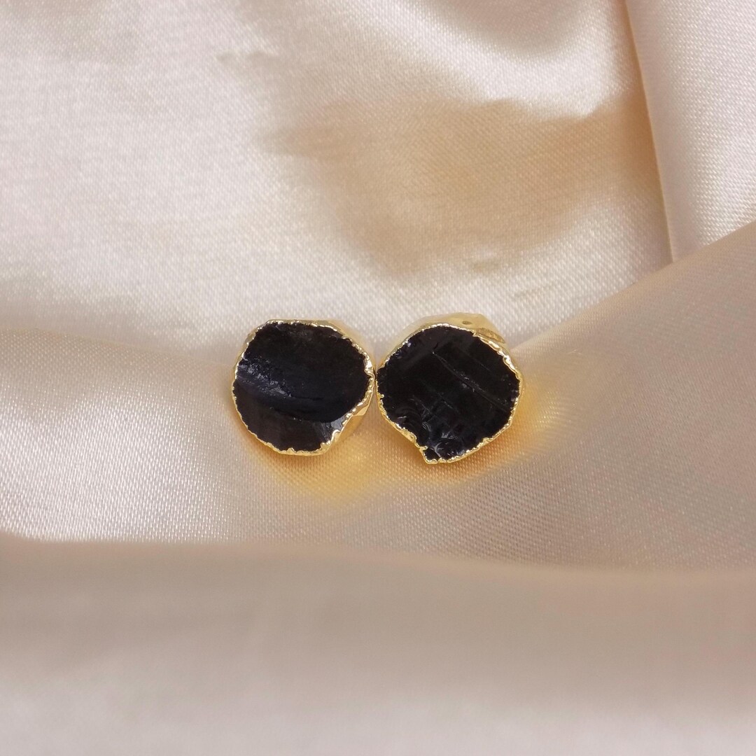 Raw Black Obsidian Stud Earrings, Rough Crystal Earrings Gold, Boho ...