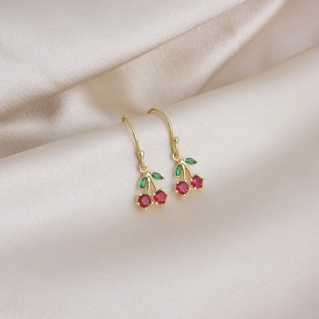 Tiny Cherry Earrings Gold, Small Red Cherry Charm Earring, Cubic ...