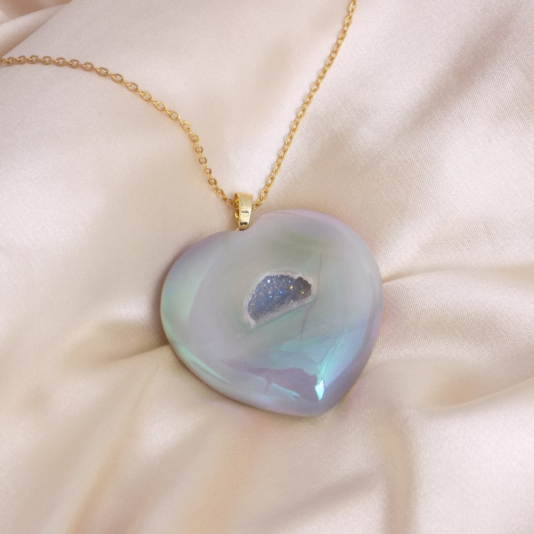 Aura Quartz Geode Necklace Gold, Unique Iridescent Heart Crystal ...