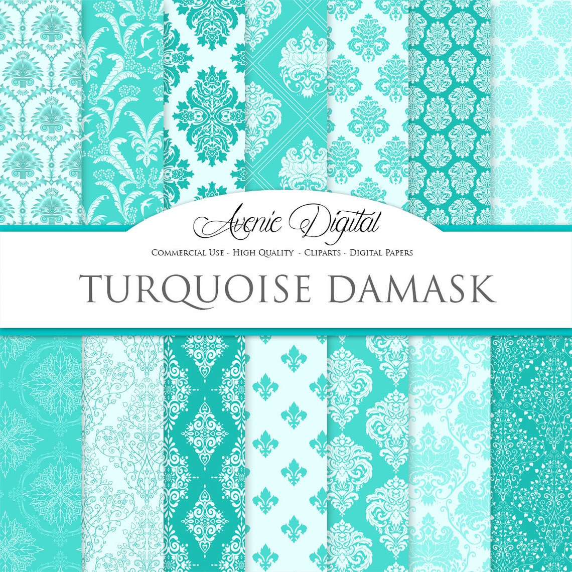 28 Turquoise Damask Digital Paper. Scrapbooking Backgrounds. | Etsy