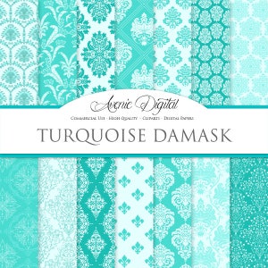 28 Turquoise Damask Digital Paper. Scrapbooking Backgrounds. Blue Green ...