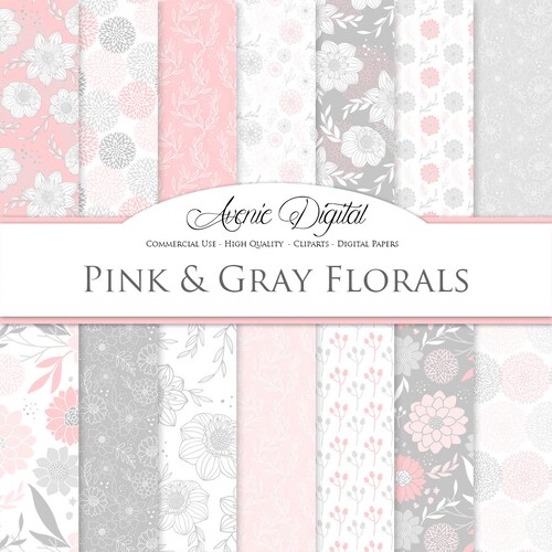 Pink and Gray Floral Digital Paper. Scrapbook Backgrounds - Etsy