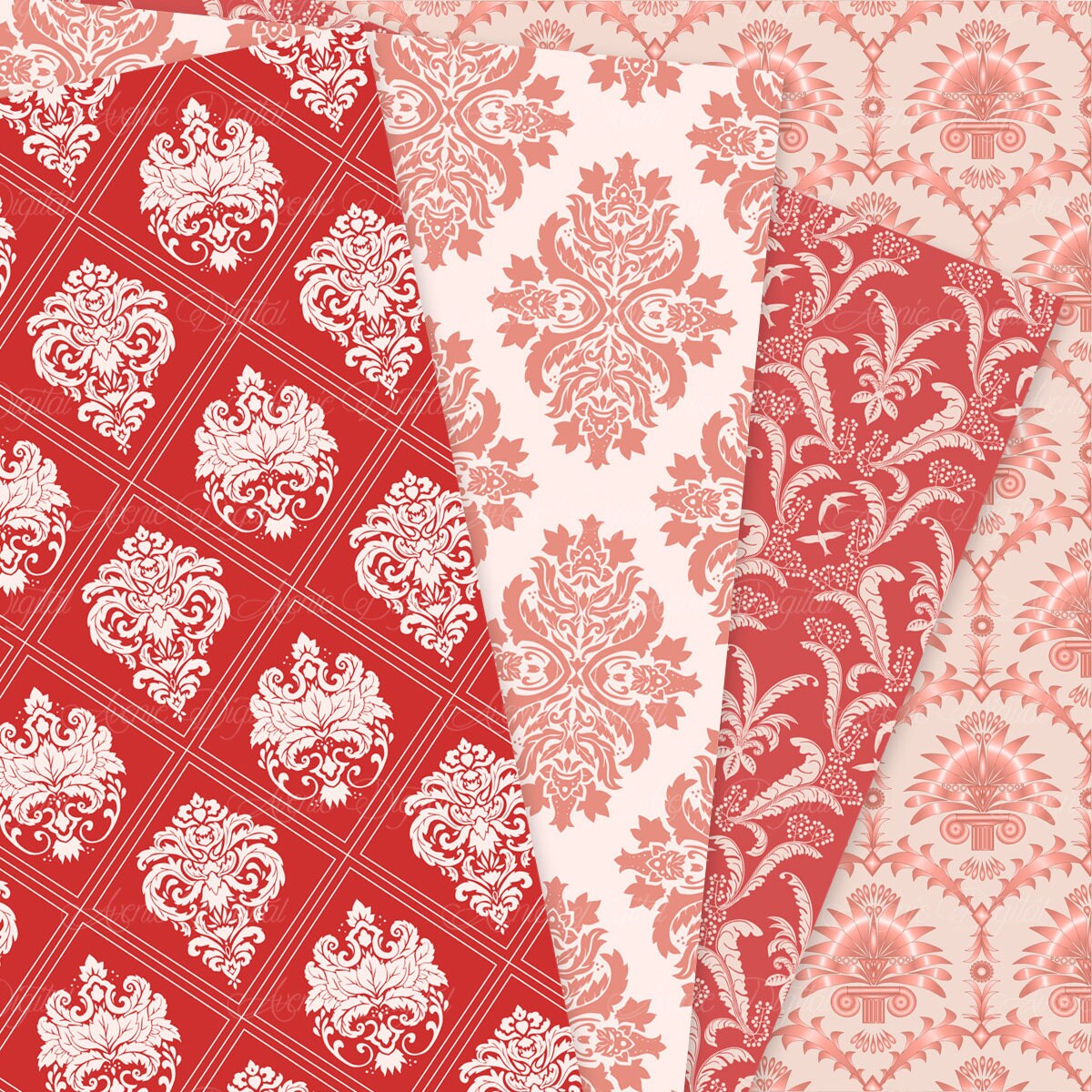 28 Red Damask Digital Paper. Scrapbooking Backgrounds. Coral | Etsy
