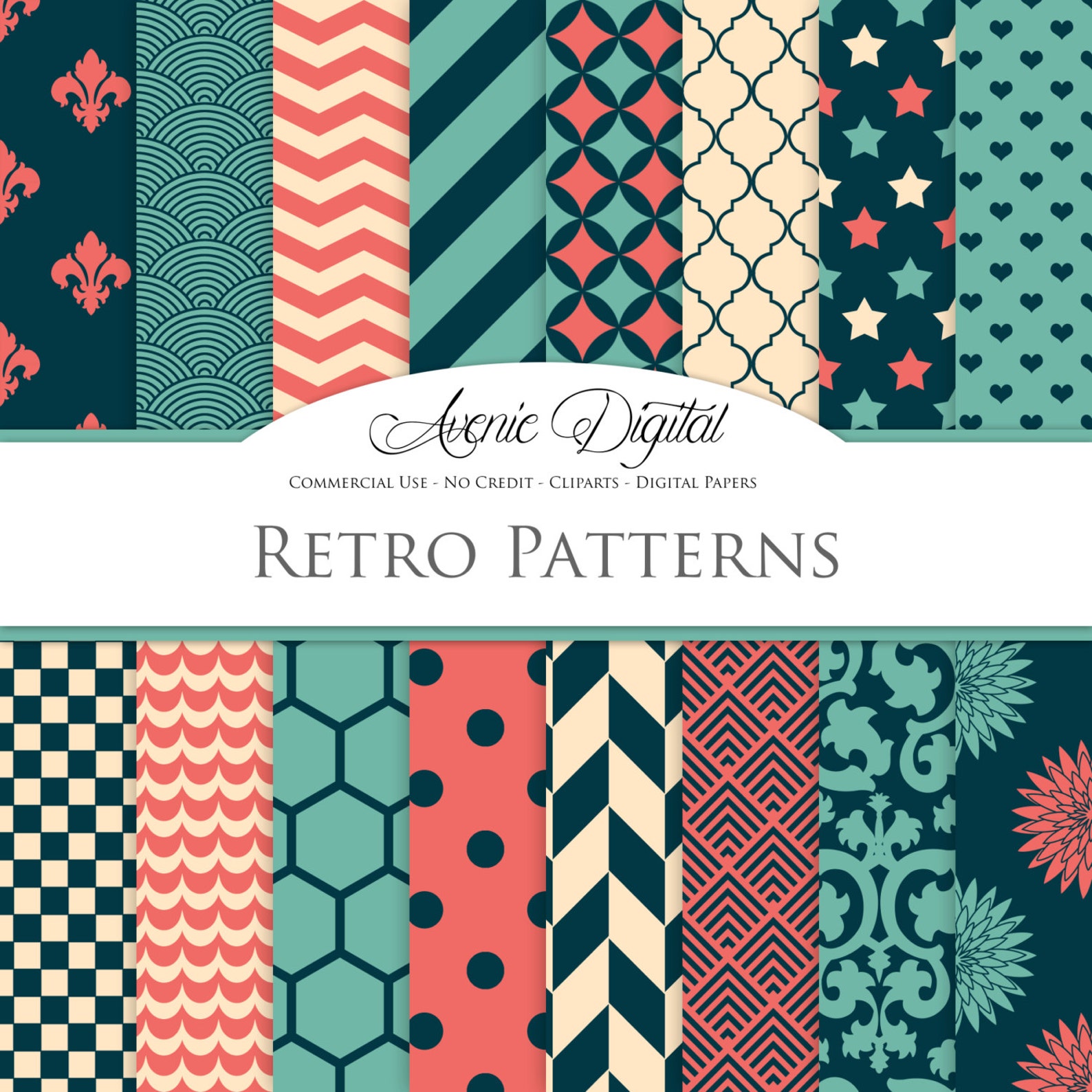 Retro Red and Blue Digital Paper. Scrapbook Backgrounds - Etsy