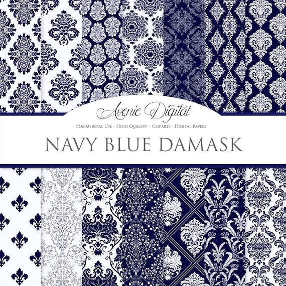 28 Navy Damask Digital Paper. Scrapbooking Backgrounds. Dark blue ...