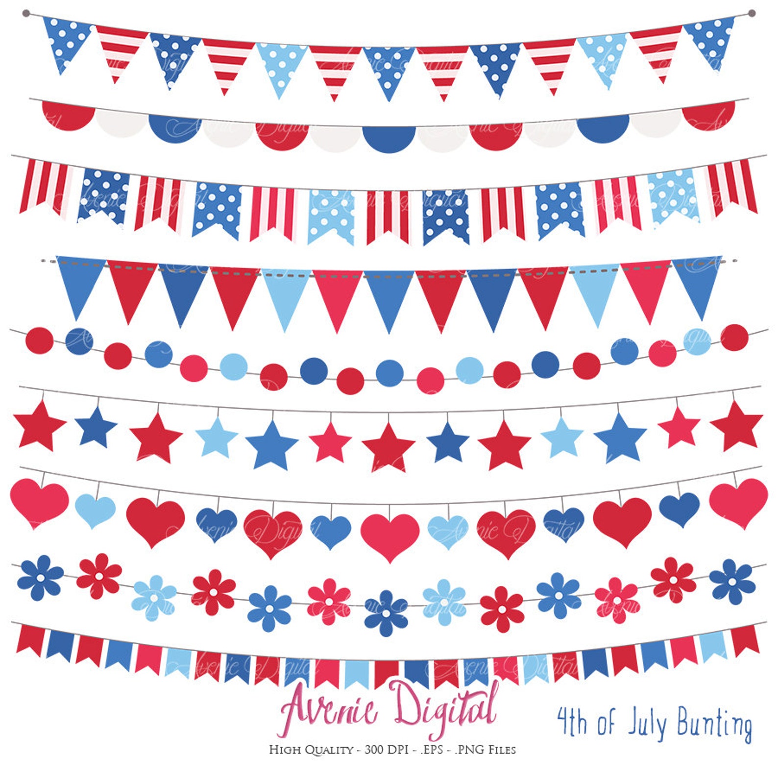 Patriotic Bunting Banner Clipart. Scrapbook Printable, Vector Banners ...