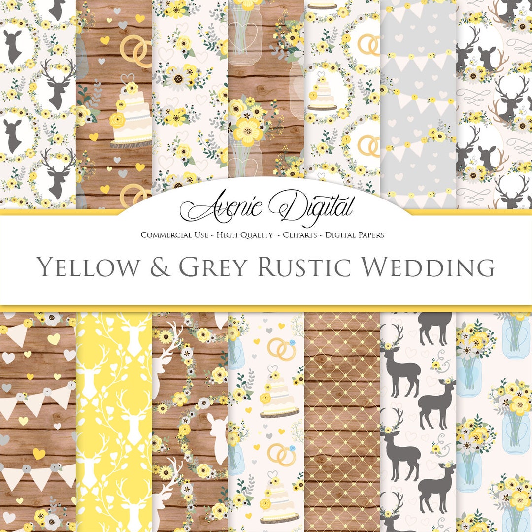 Yellow and Gray Rustic Wedding Digital Paper. Scrapbook Backgrounds ...