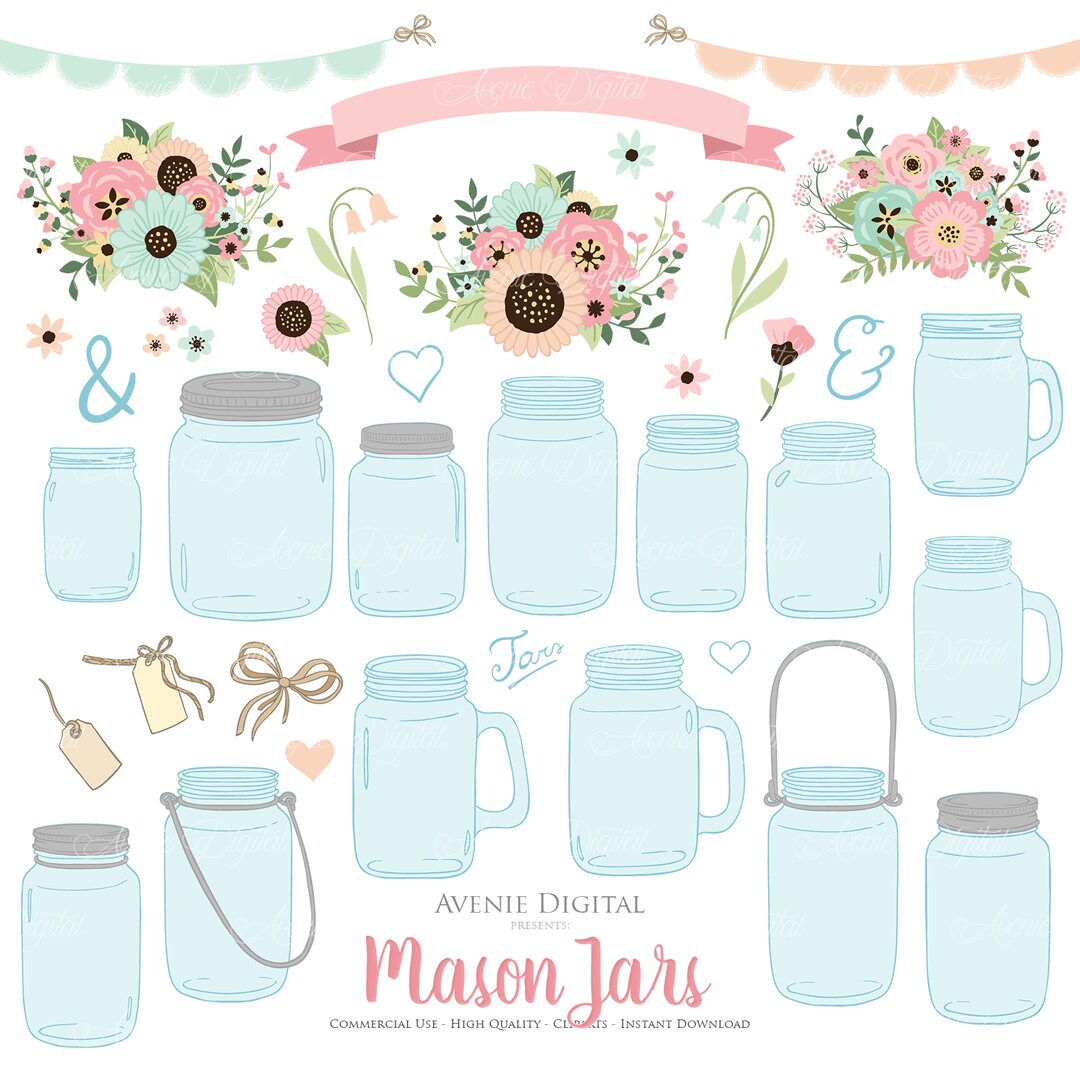 Pink and Mint Mason Jar Wedding Clipart. Scrapbook Clip Art - Etsy