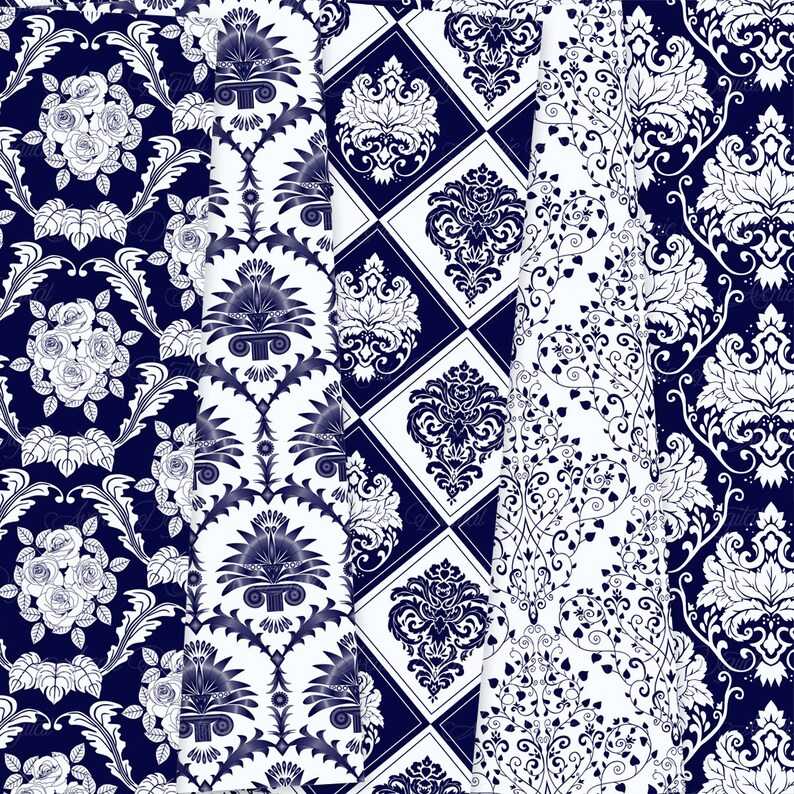28 Navy Damask Digital Paper. Scrapbooking Backgrounds. Dark | Etsy