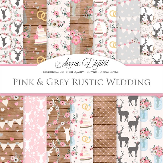 Pink and Gray Rustic Wedding Digital Paper. Scrapbook Backgrounds, Deer ...