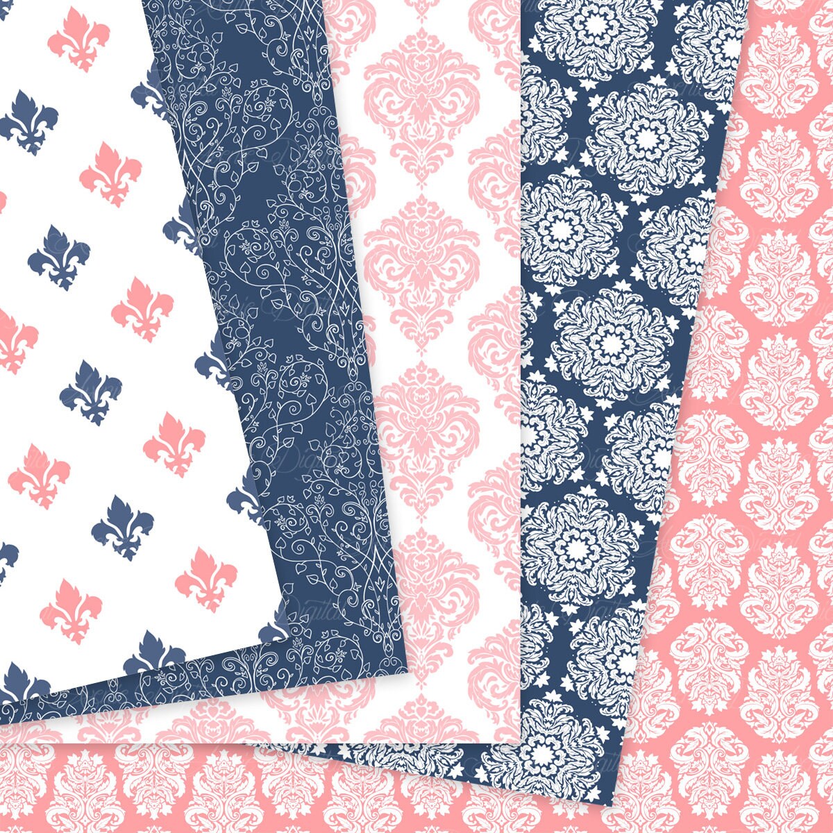 28 Coral and Navy Damask Digital Paper. Scrapbook Backgrounds. | Etsy