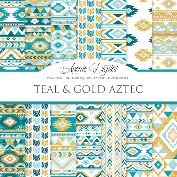 Teal and Gold Aztec Digital Paper. Scrapbook Background. Teal and Gold ...