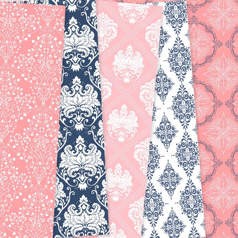 28 Coral and Navy Damask Digital Paper. Scrapbook Backgrounds. | Etsy