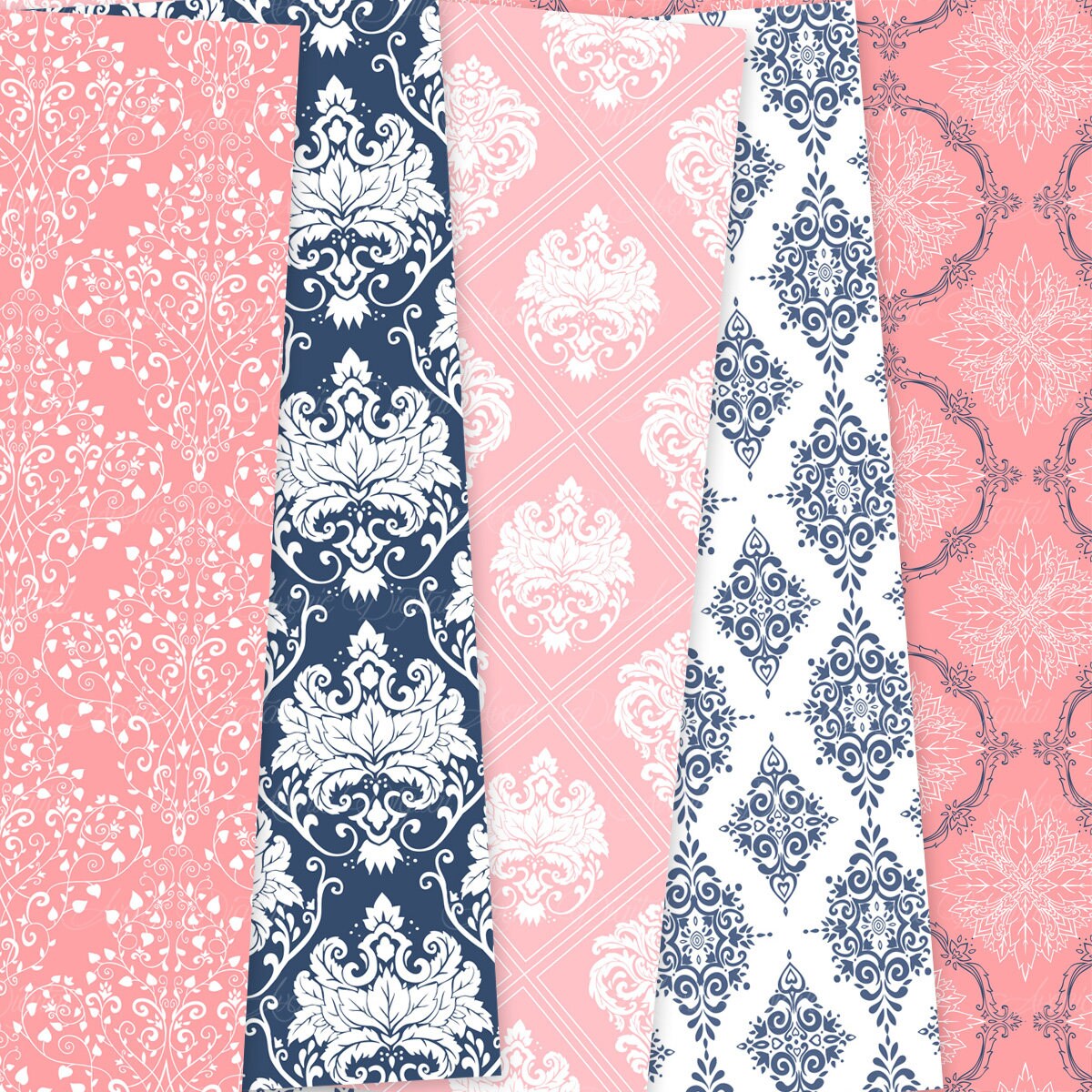 28 Coral and Navy Damask Digital Paper. Scrapbook Backgrounds. | Etsy