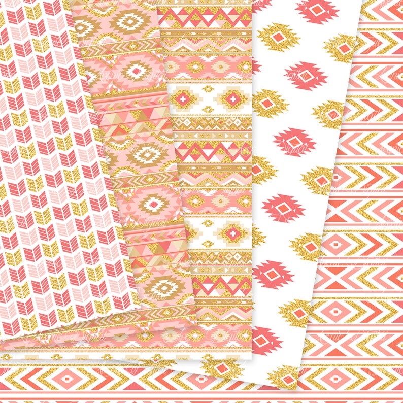 Coral and Gold Aztec Digital Paper. Scrapbook Backgrounds. | Etsy