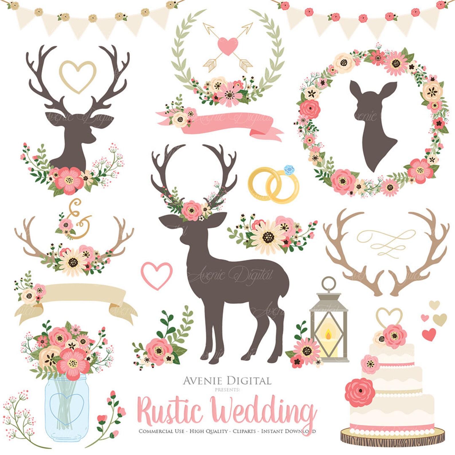 Vintage Pink Rustic Wedding Clipart. Scrapbook Clip Art Deer - Etsy