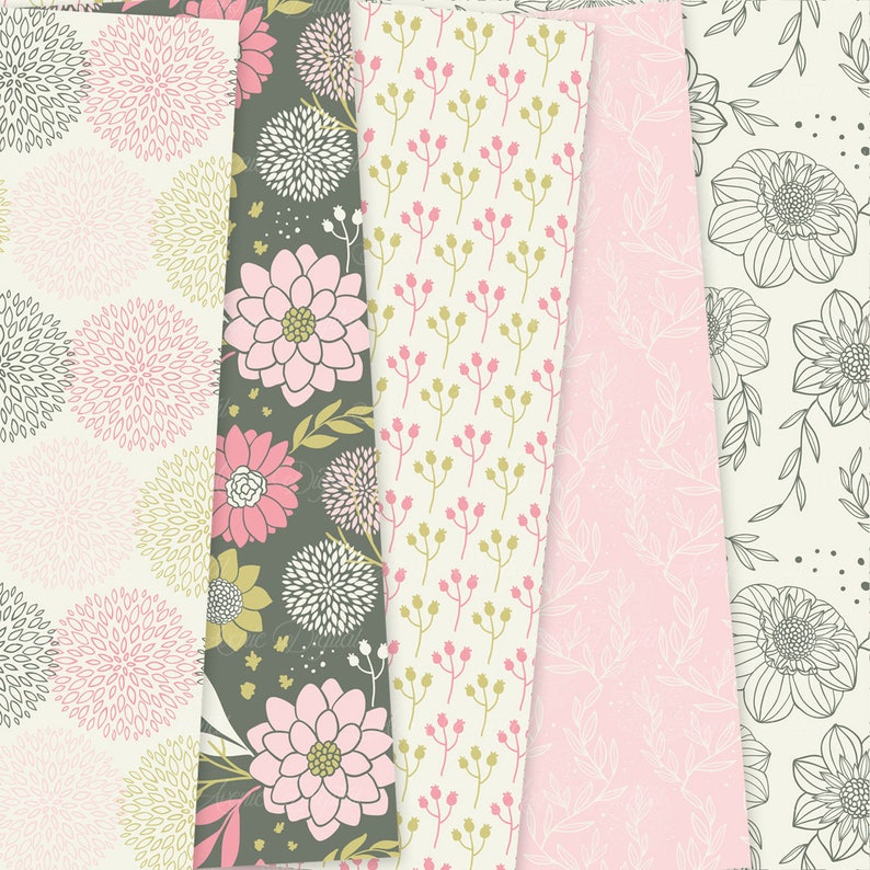 Pink and Green Floral Digital Paper. Scrapbook Backgrounds - Etsy
