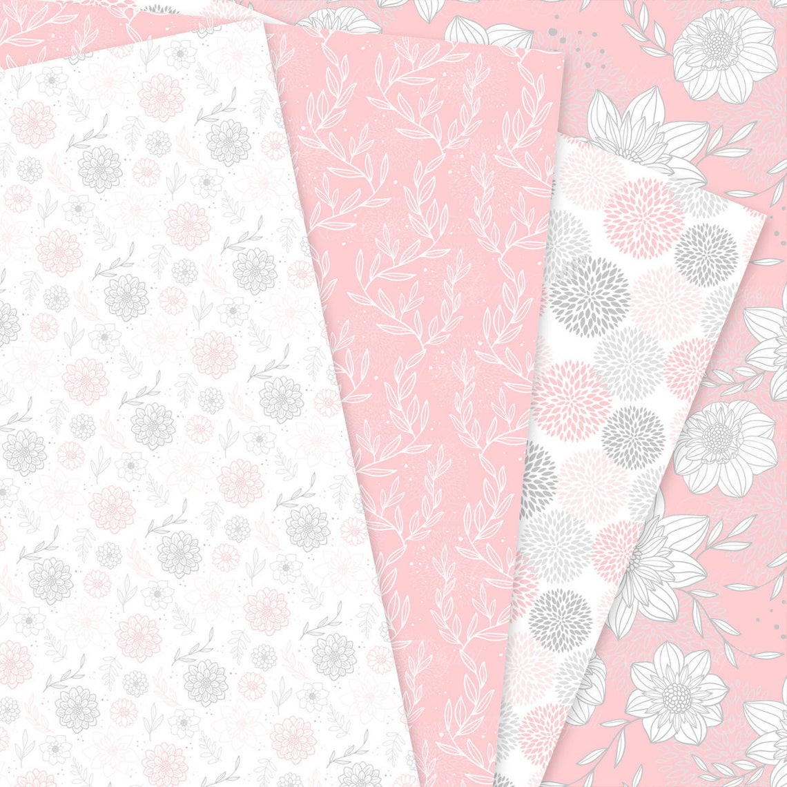 Pink and Gray Floral Digital Paper. Scrapbook Backgrounds - Etsy