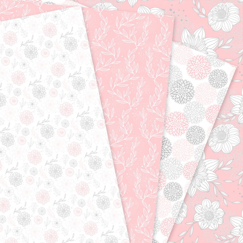 Pink and Gray Floral Digital Paper. Scrapbook Backgrounds - Etsy