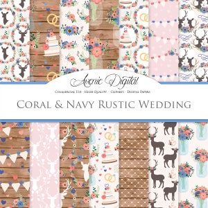 Coral and Navy Rustic Wedding Digital Paper. Scrapbook - Etsy