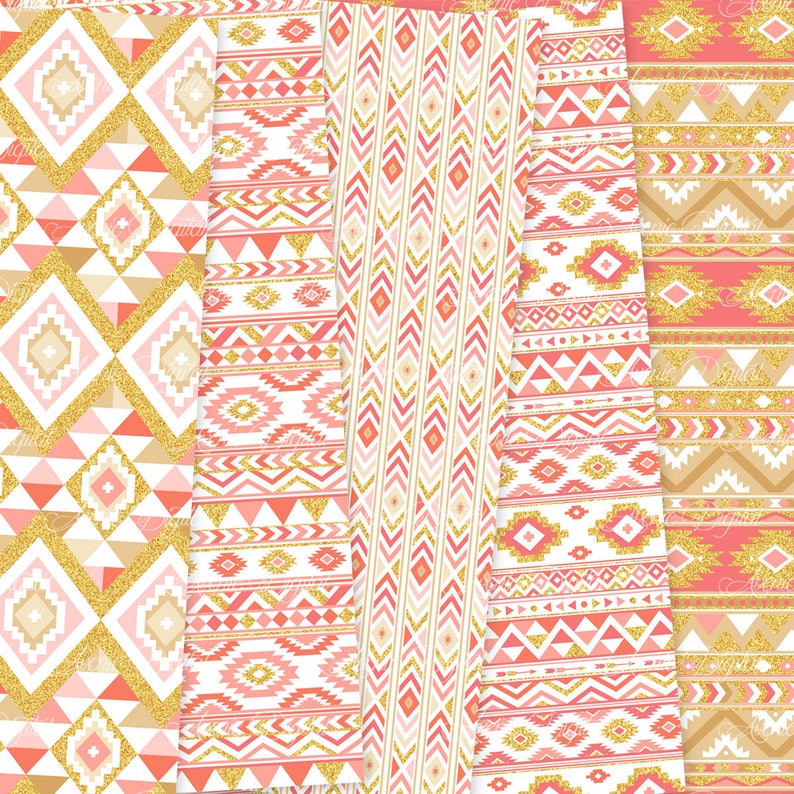 Coral and Gold Aztec Digital Paper. Scrapbook Backgrounds. | Etsy