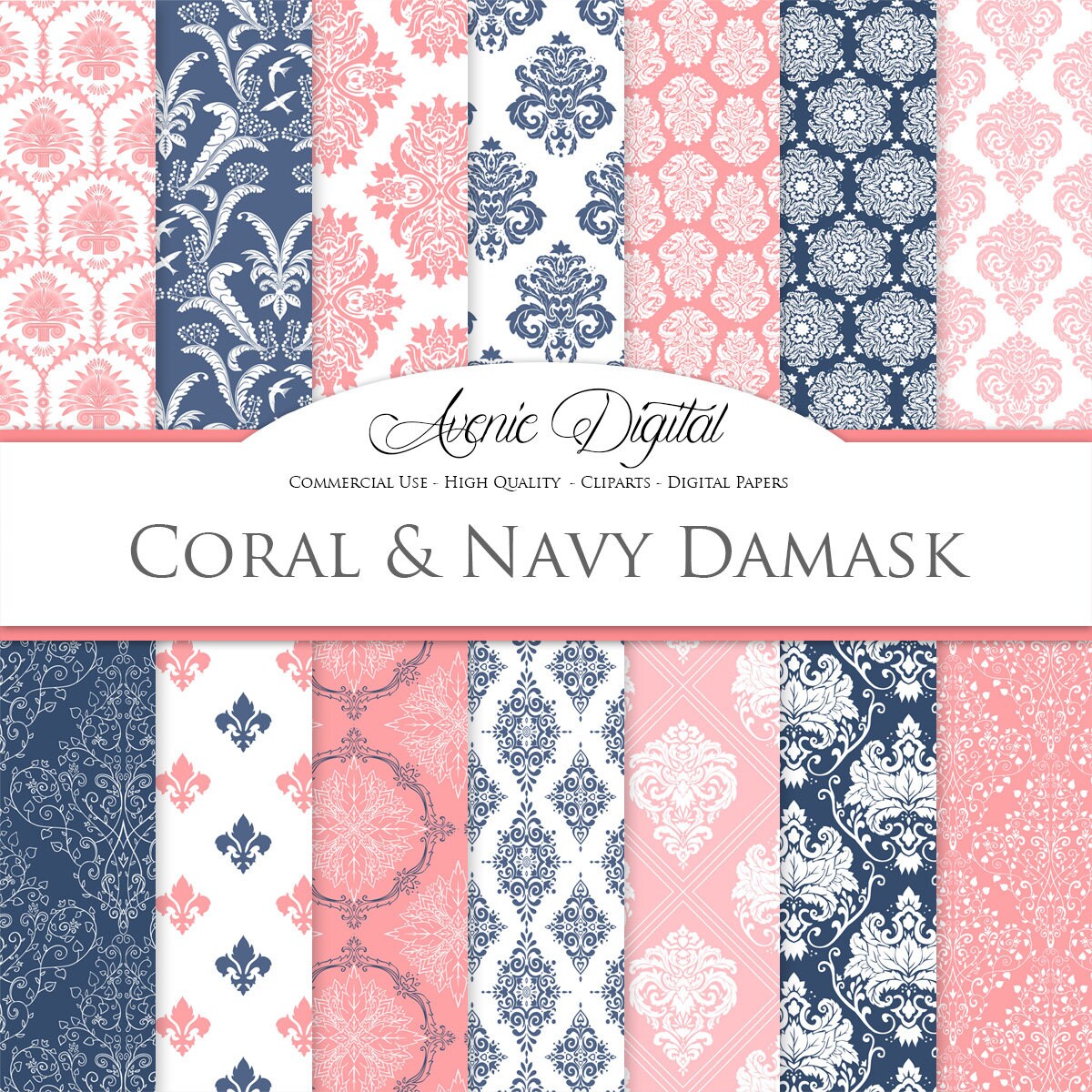 28 Coral and Navy Damask Digital Paper. Scrapbook Backgrounds. | Etsy