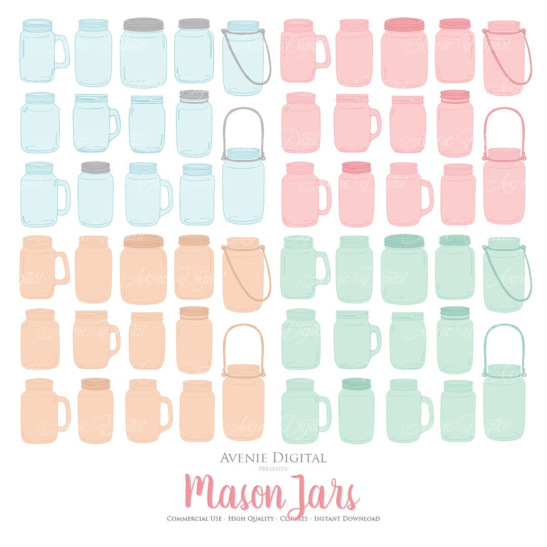 Pink and Mint Mason Jar Wedding Clipart. Scrapbook Clip Art | Etsy