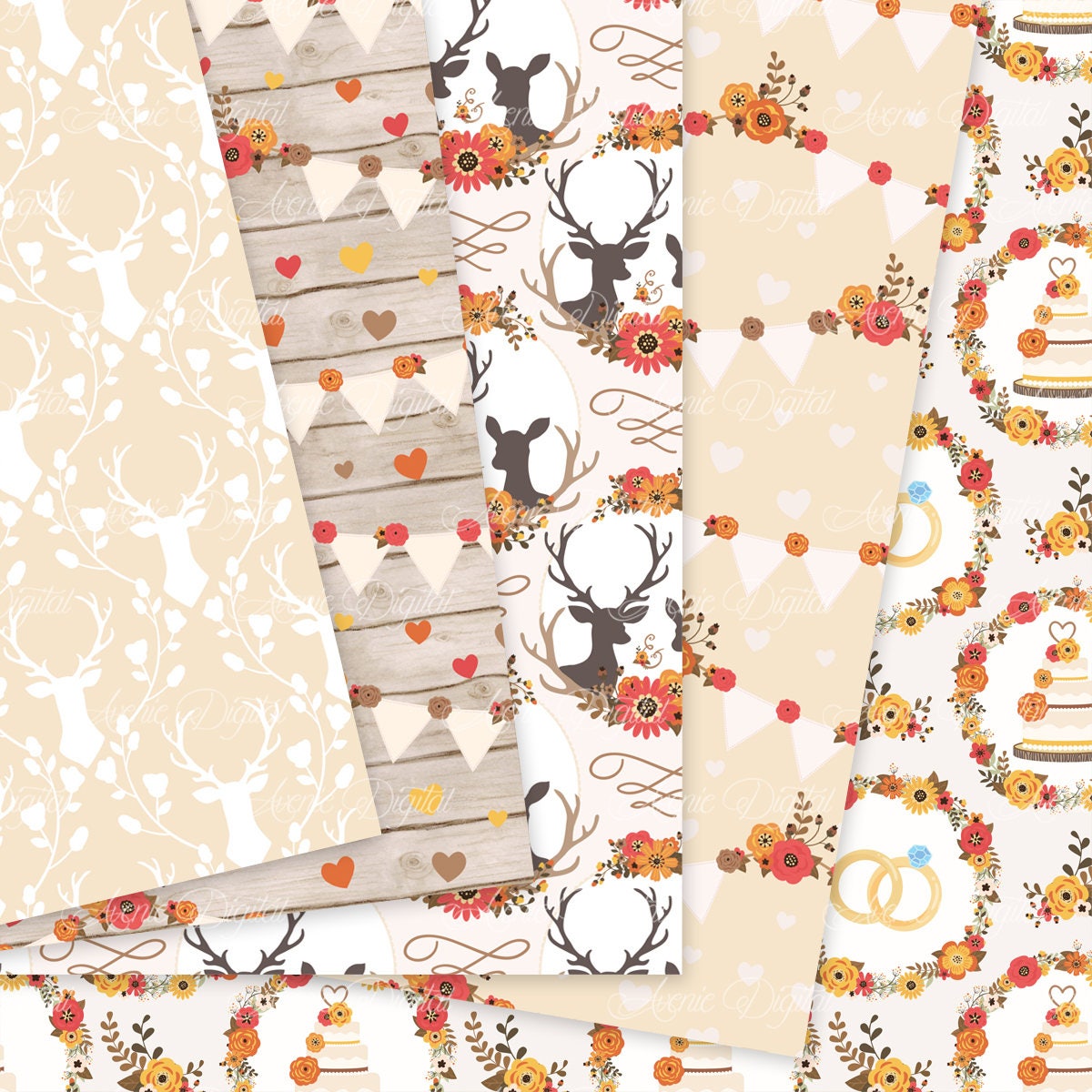 Fall Rustic Wedding Digital Paper. Scrapbook Backgrounds Deer | Etsy
