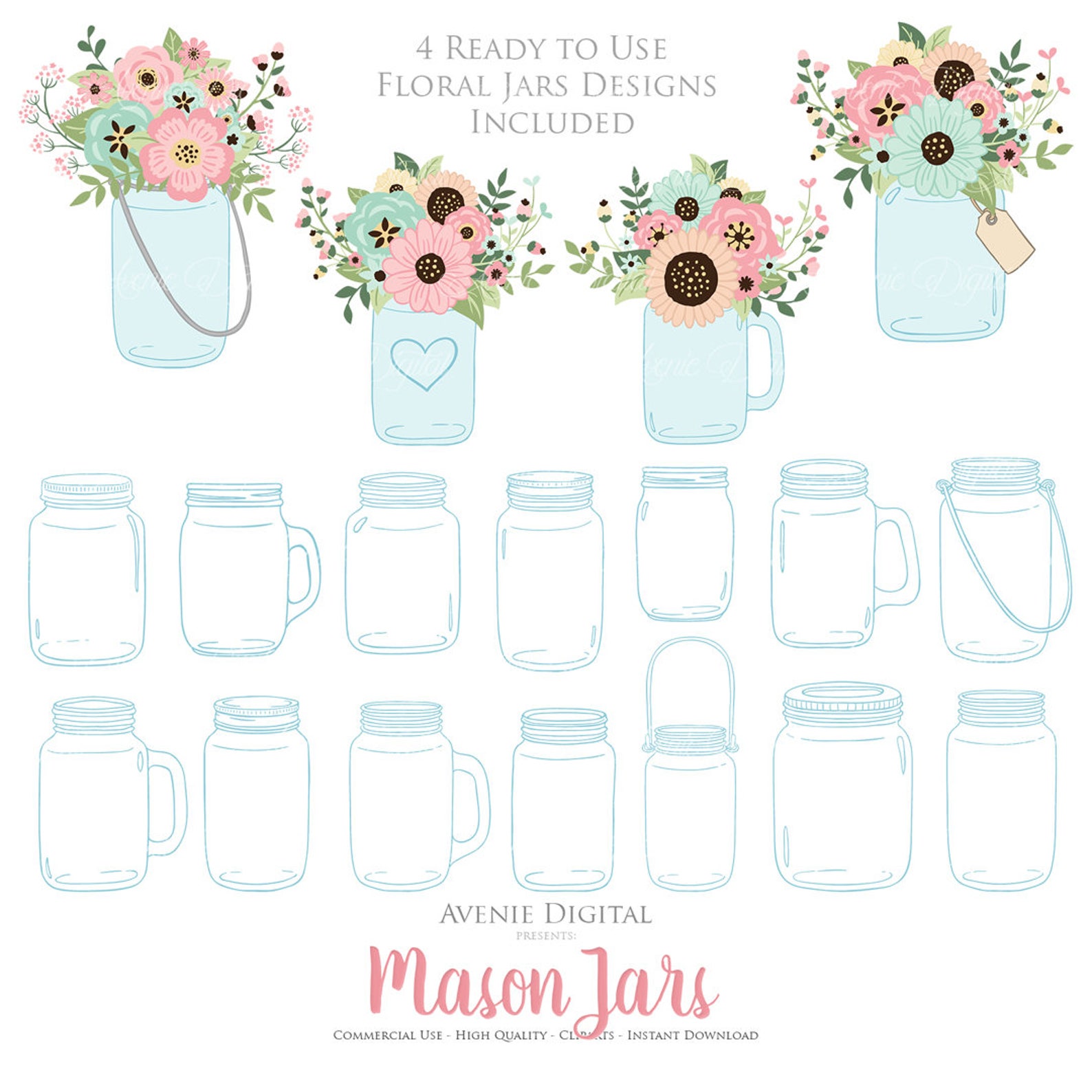 Pink and Mint Mason Jar Wedding Clipart. Scrapbook Clip Art - Etsy