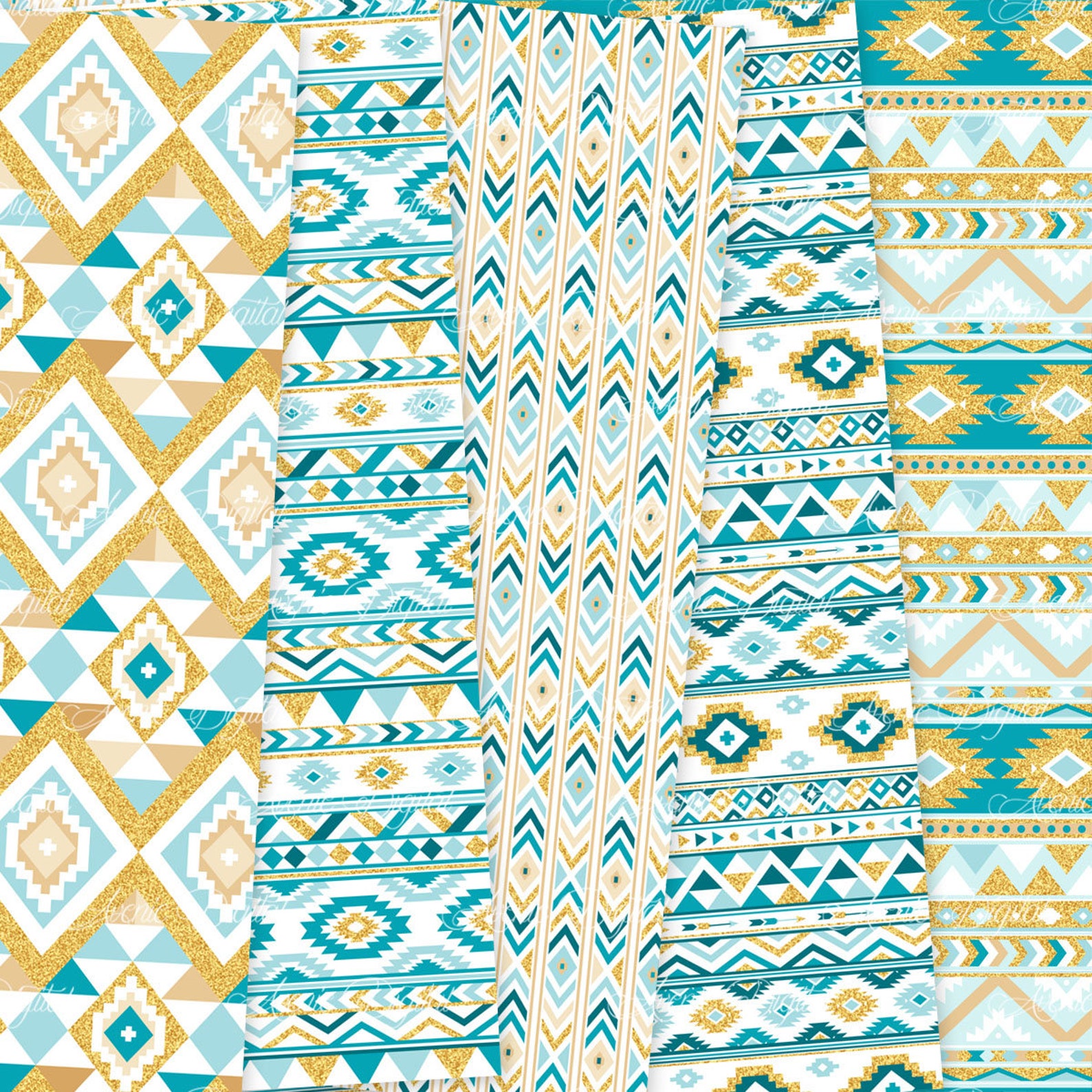 Teal and Gold Aztec Digital Paper. Scrapbook Background. Teal | Etsy