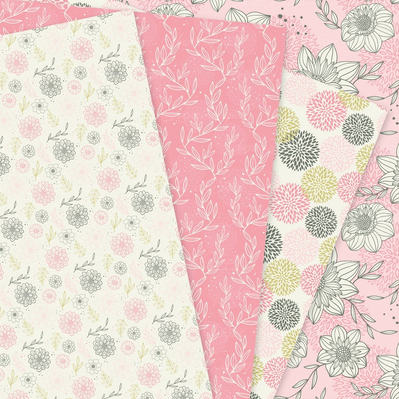 Pink and Green Floral Digital Paper. Scrapbook Backgrounds - Etsy
