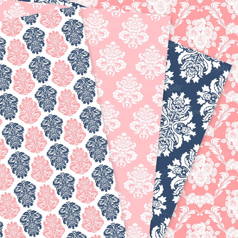 28 Coral and Navy Damask Digital Paper. Scrapbook Backgrounds. | Etsy