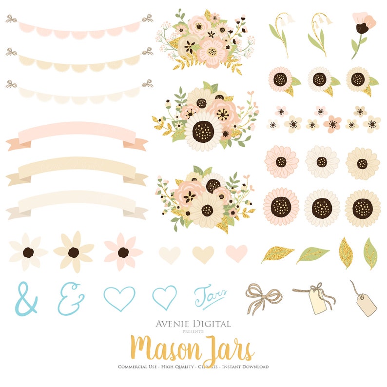 Ivory and Gold Glitter Floral Mason Jar Wedding Clipart. | Etsy