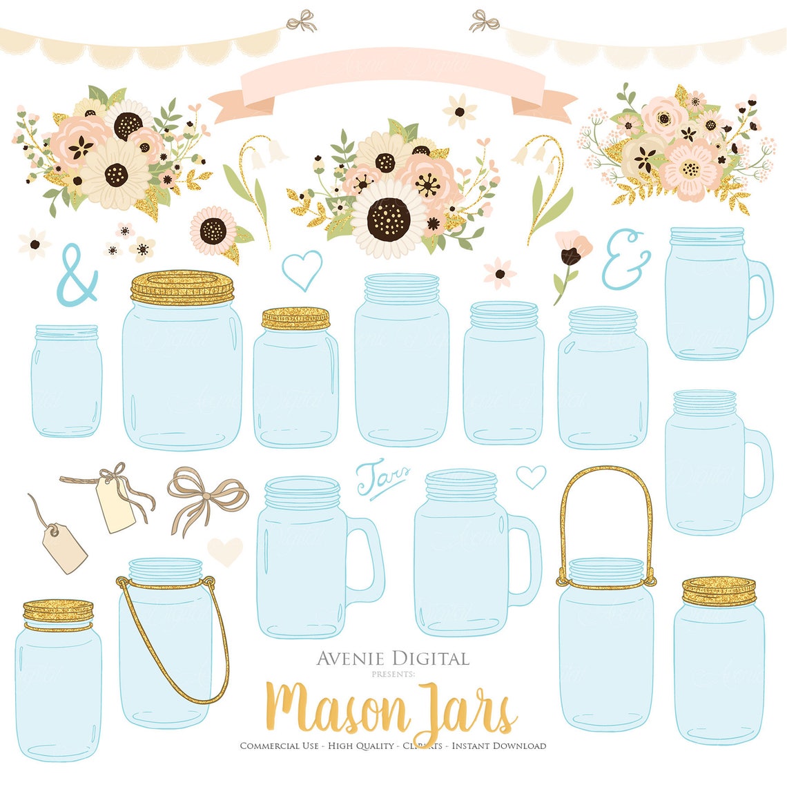 Ivory and Gold Glitter Floral Mason Jar Wedding Clipart. | Etsy