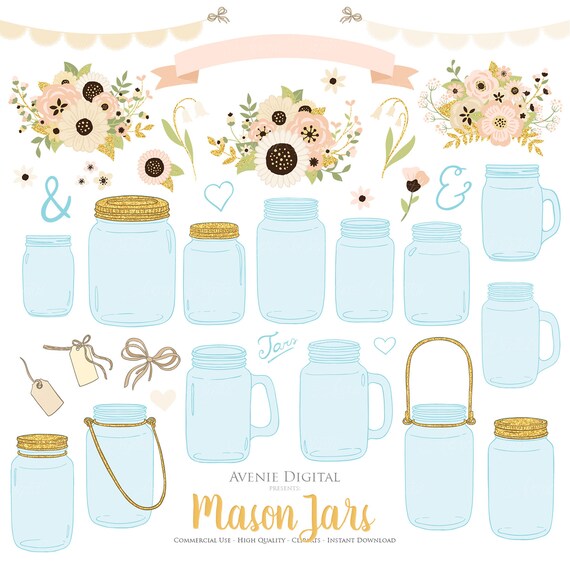 Ivory and Gold Glitter Floral Mason Jar Wedding Clipart. Scrapbook Clip ...
