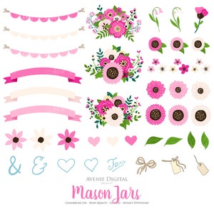 Hot Pink Floral Mason Jar Wedding Clipart. Scrapbook Clip Art, Ball ...