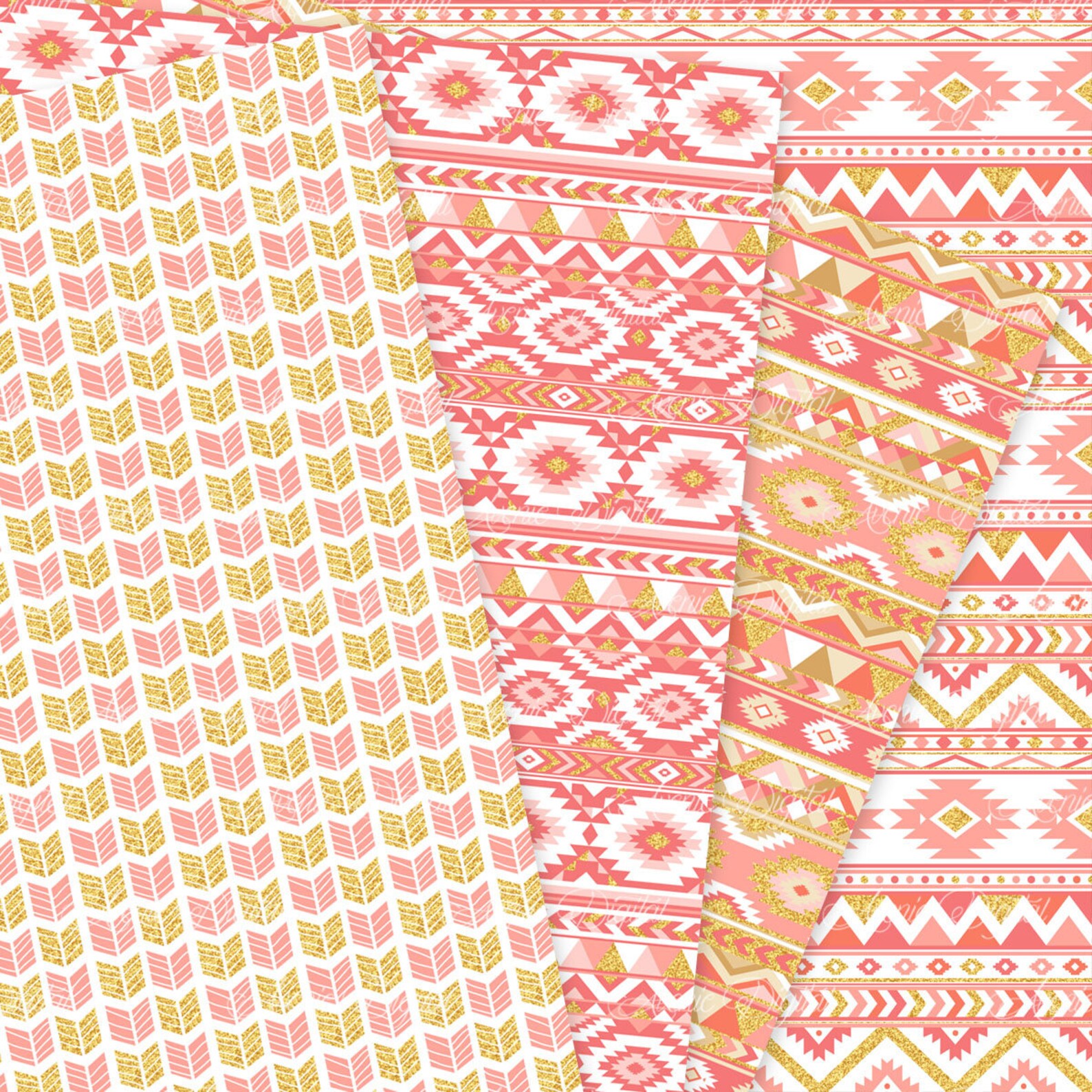 Coral and Gold Aztec Digital Paper. Scrapbook Backgrounds. | Etsy