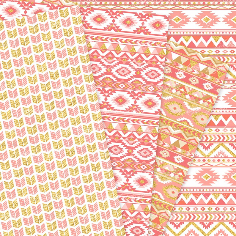 Coral and Gold Aztec Digital Paper. Scrapbook Backgrounds. | Etsy